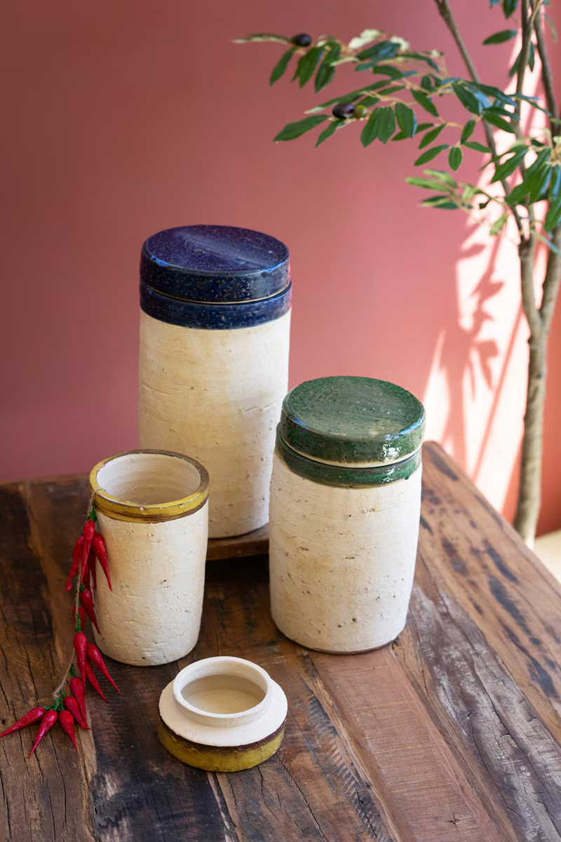 Set of 3 Ceramic Canisters with Blue, Mustard and Green Lids – Base ...